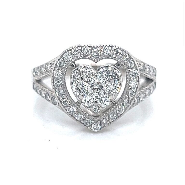 18K White Gold Vintage Style Stackable Ring with Circle and Leaf Design ...